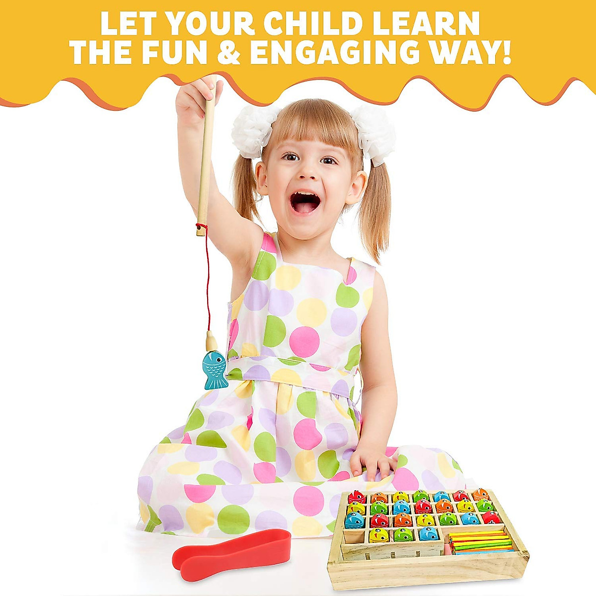 Magnetic Wooden Fishing Game For Kids, Math and Counting Toy Board Games For Toddlers & Kids Ages 3 4 5 Educational Preschool Montessori STEM Learning Kindergarten For Girls and Boys with Magnet Poles