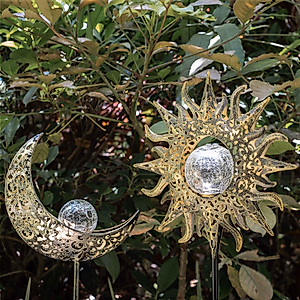Solar Lights Outdoor Garden Decor,Waterproof Metal Sun Moon Decorative Stakes Crackle Globes Decoration for Walkway,Yard,Lawn,Patio(2 Pack)