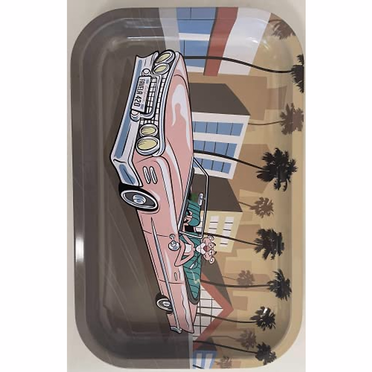 Favela420- Metal Rolling Tray Smoke Pink Panther 10" x 6.7" Large - Rolling Trays Accessories - Rolling Paper Tray (Smoke Pink Panther)