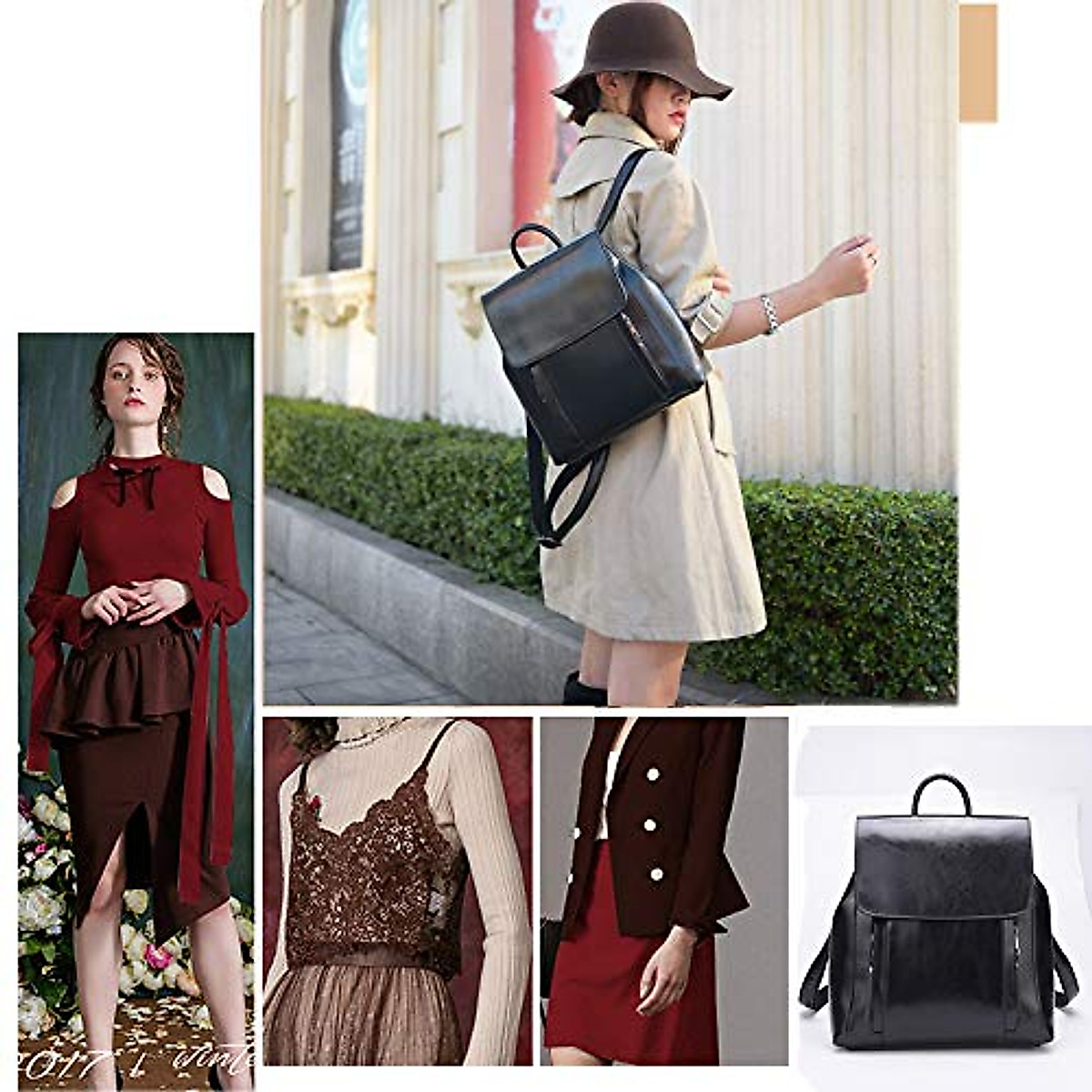 FL FantasyLinen Women Backpack Purse Fashion Genuine Leather Backpack Waterproof Rucksack Anti-theft Casual Travel Bag Zipper Purse (Black)