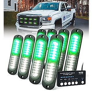 LUMENIX White Green LED Surface Mount Strobe Flashing Lights Kit w/Control Box, 8PCS Grille Side Marker Emergency Warning Caution Light for Vehicles Trucks SUV Cars Vans (Ultra Slim Sync Feature)
