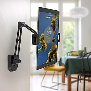 Mount-It! Adjustable iPad Wall and Counter Mount [Fits Screens 4.7" to 12.9"] 360 Degree Full Motion Rotation and Swivel Desktop Tablet and Phone Stand, Large Base, Holder Cabinet (Black)
