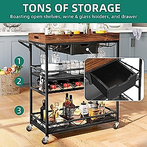YITAHOME Industrial Bar Carts for The Home, Mobile Wine Serving Bar Cart on Wheels with Removable Wood Top Tray, 3 Tier Kitchen Cart Outdoor Mini Bar Home Bar with Drawer Wine Rack Glass Holder