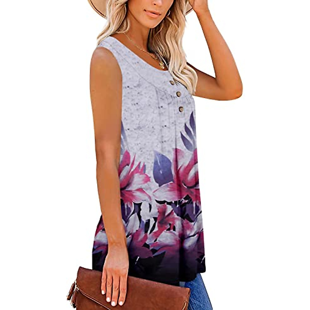 MODARANI Gray Sleeveless Tops for Women Floral Pleated Tunic Flowy Cami Shirt L