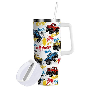 Emelivor Colorful Monster Trucks 30 oz Tumbler with Lid and Straw Insulated Tumblers with Handle Leak Proof Coffee Tumbler Mug Large Water Bottles for Hot or Ice Coffee Tea