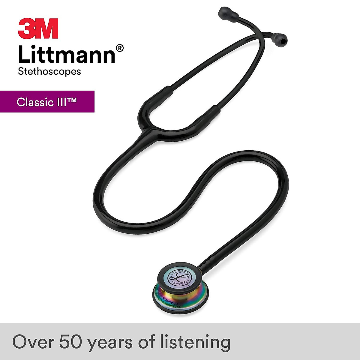 3M Littmann Classic III Monitoring Stethoscope, Rainbow-Finish Chestpiece, Black stem and Headset, Black Tube, 27 inch, 5870 + 40007 Stethoscope Identification Tag, Black
