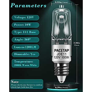 PACETAP 100W JDE11 120V Halogen Light Bulbs, 1200lm 2800K Warm White Dimmable Bulbs with E11 Mini Candelabra Base for Chandeliers, Ceiling Fan, Table Lamps, Cabinet Lighting (4)