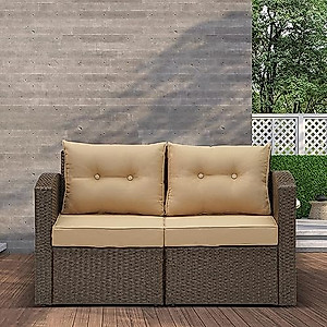 SUNVIVI OUTDOOR Wicker Loveseat Patio Furniture Corner Sofa, 2-Piece All-Weather Wicker Rattan Outdoor Sectional Couch Sofa Set with Brown Non-Slip Cushions, Aluminum Frame（Brown/Beige）