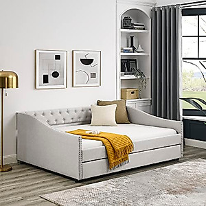 OMGO Upholstered Full Size Daybed with Twin Trundle, Solid Wooden Sofa Bed Frame w/Button Tufted Backrest and Copper Nail on Waved Shape Arms, No Spring Box Need, Space-Saving Design