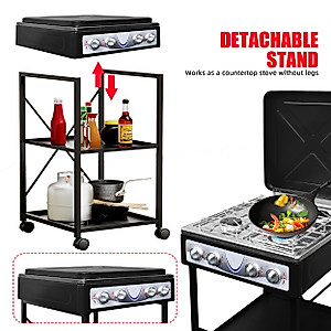 4 Burner Gas Stove Camping Stove Propane Burner Portable Stable RV Stove Top Stainless Steel Camping Grill Stove Outdoor Safety with Removable Stand, CSA Certified Gas Regulator and Hose Easy to Clean