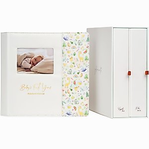 Keepsake Baby Memory Book with Keepsake Box Girl Boy - Timeless Leather-Bound Baby Milestone Book | Baby Book Keepsake and Baby Photo Memory Box to Record Baby Shower to Age 5 - Beautiful Gift