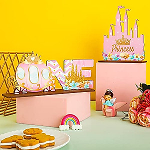 2 Pieces Princess Glitter One Letter Sign Wooden Centerpiece 1st Birthday Girl Decoration Princess Crown Centerpieces for Tables Baby Girl's Baby Shower Decor Supplies Photo Prop