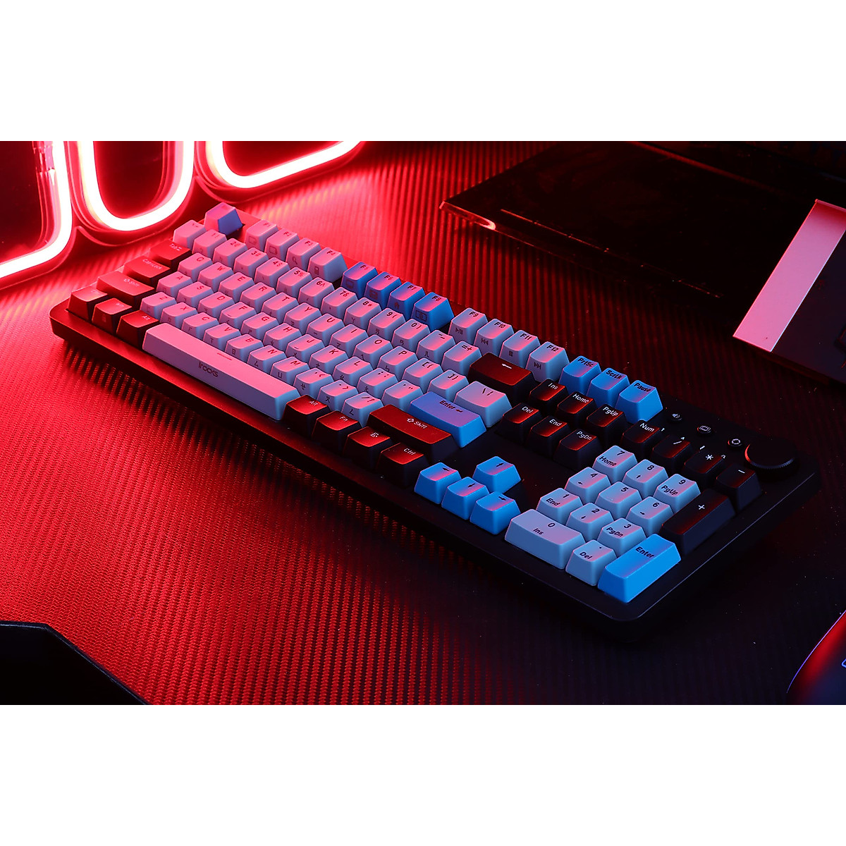 i-rocks K73M Mechanical Gaming Keyboard with Media Control Knob, 107 Keys, PBT Keycaps, Multimedia Hotkeys, Detachable USB-C Cable (Cherry MX Brown Switches, Cyberpunk Blue)