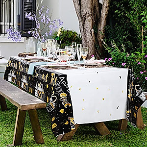 durony 2 Pieces Happy Retirement Plastic Tablecloths Table Covers Large Size 54 x 108 Inch Waterproof Retirement Table Cover Retirement Party Table Cover for Retirement Party Decorations, Black Gold