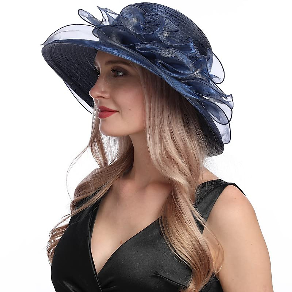 Wide-Brim-Kentucky-Hat Sun-Hat for Womens Foldable UV-Protection Summer-Derby-Tea-Party-Fascinator-Hats(M/L) Navy