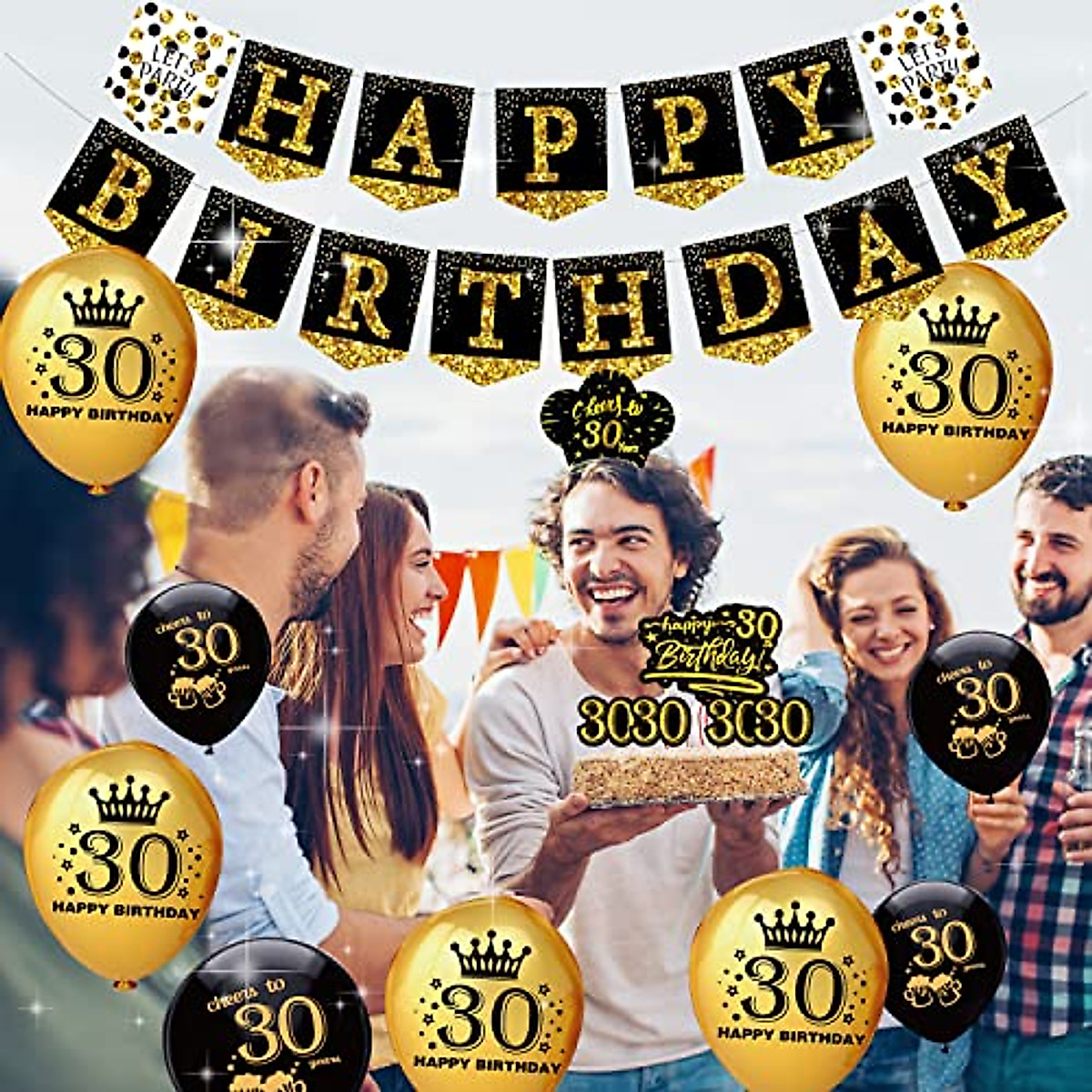 30th birthday decorations for him - (76pack) black gold party Banner, Pennant, Hanging Swirl, birthday balloons, Tablecloths, cupcake Topper, Crown, plates, Photo Props, Birthday Sash for men gifts