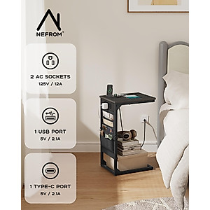 NEFROM Side Table, C-Shaped End Table with Charging Station, Small Couch Table with Storage Bag, Sofa Table for Bedroom, Living Room, Bedside ET-BK-1