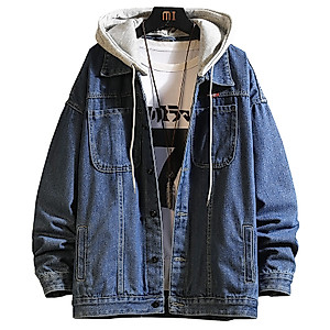 DOSLAVIDA Men's Distressed Denim Jacket Unisex Button Down Jean Coat Casual Long Sleeve Trucker Hooded Jackets Outwear