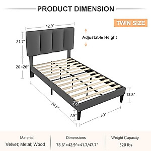 VECELO Twin Bed Frame with Upholstered Headboard, Platform Mattress Foundation with Strong Wooden Slats Support, No Boxing Spring Needed, Easy Assembly, Grey