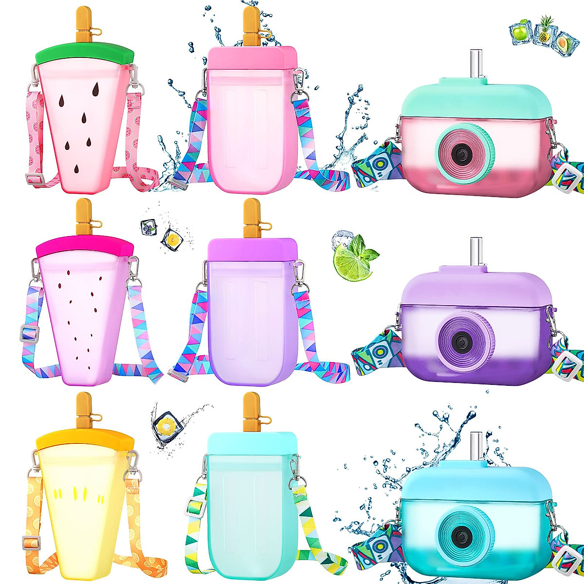 9 Pieces Cute Water Bottles with Straw Camera Ice Cream Bar Watermelon Shaped Adjustable Strap Plastic Water Bottle Leakproof Kawaii Water Bottle Plastic Fruit Water Cups for Kids School Girls Travel