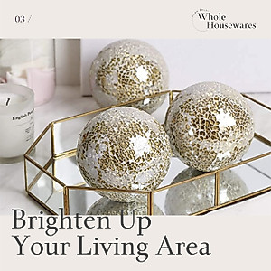 WHOLE HOUSEWARES | Decorative Balls for Centerpiece Bowls | Set of 3 | Glass Mosaic Sphere | Diameter 4" | Home/Garden/Kitchen/Living Room Decor | Decorative Balls for Bowls (Gold)
