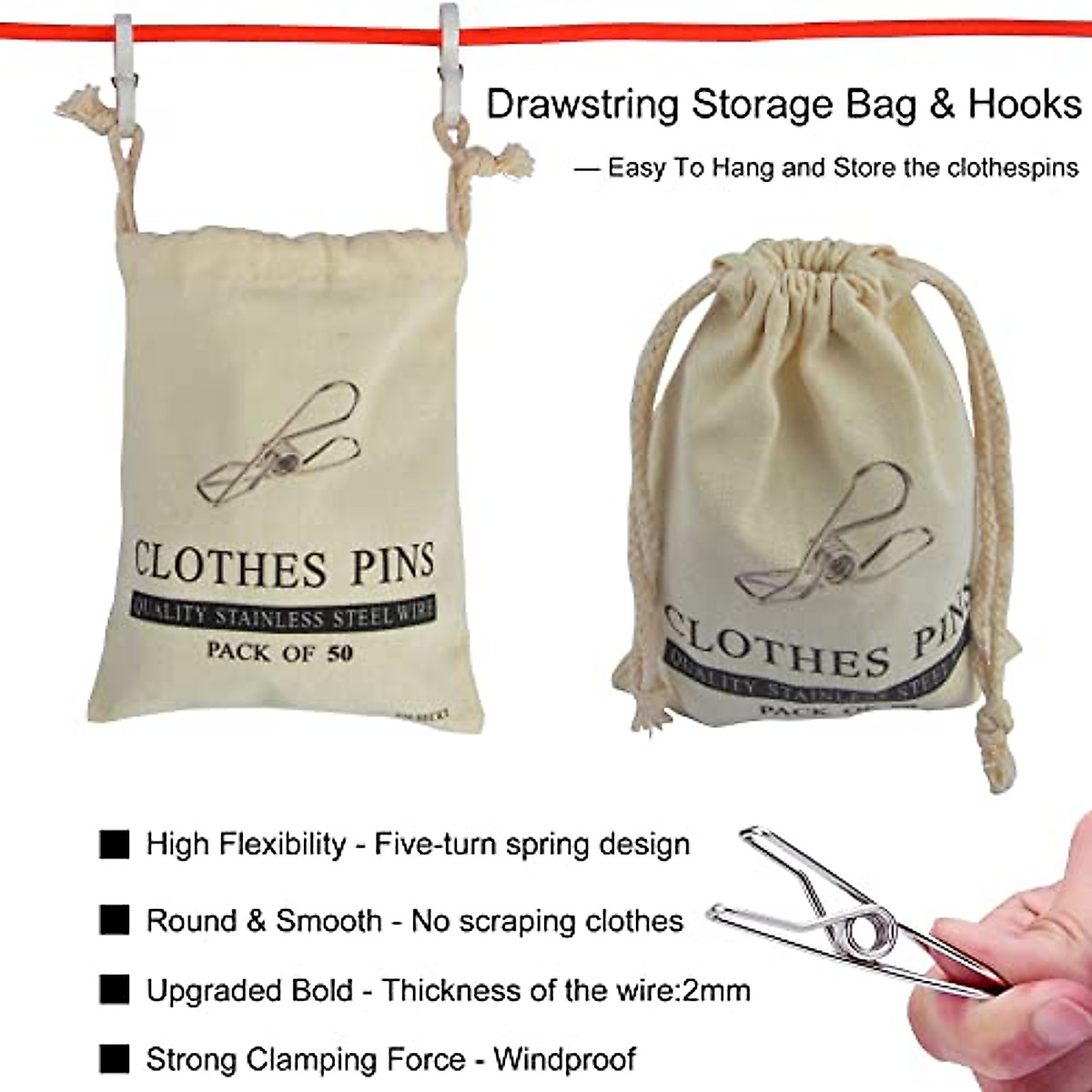 Clothespins Laundry Chip Clips - 100 Pack Bulk Durable Stainless Steel Clothes Pins,Heavy Duty Clamp Metal Wire Clothes Pegs with One Storage Bag & 2 Hooks,for Outdoor Clothesline Home Kitchen Office