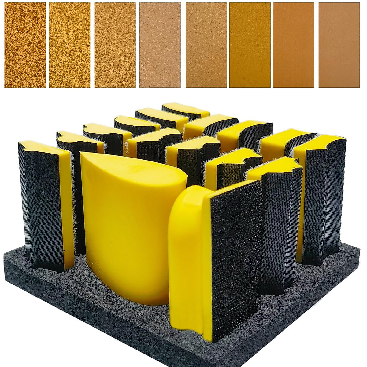 Total 56 PCS Hand Sanding Block Set- 16 PCS Contoured Profile Sander Block + 40 Sheet Sandpaper Kit - Interchangeable Assorted Convex & Concave Shapes for Moldings,Woodworking, Auto Paint and Crafts