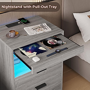 ADORNEVE Nightstand with Wireless Charging Station and LED Lights, Grey Night Stand with 2 Drawers and Open Storage for Bedroom, Bedside Table with Pull-Out Shelf, Modern End Side Table