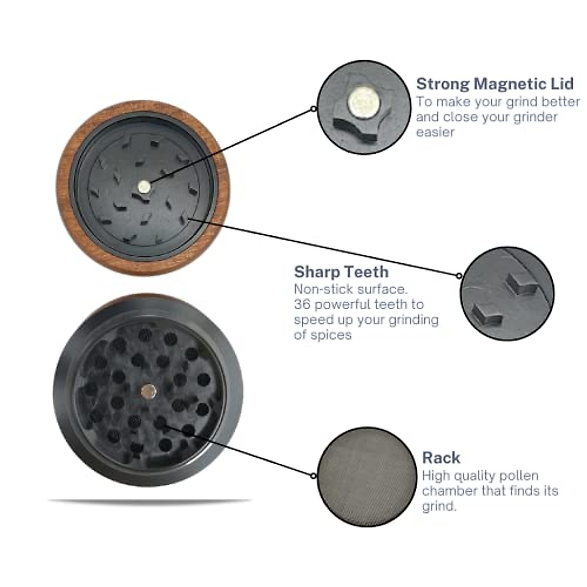 One Piece Of Grinder , Molinillo , Grinder Headchef Including A Larger Black Bag , Spatula & Brush , Small Grinder 100% Wood Finish & Inside Black Aluminum , Grind Designed With A 2.5 Inch