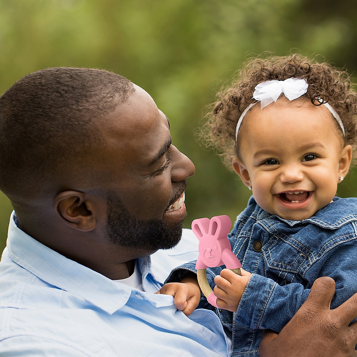 LittleFoot Nation Organic & Natural Bunny Rabbit Baby Teether Ring, 100% BPA Free Pure Food Grade Silicone & Beech Wood, Teething Pain Relief Toy for Toddlers & Infants (Pink)