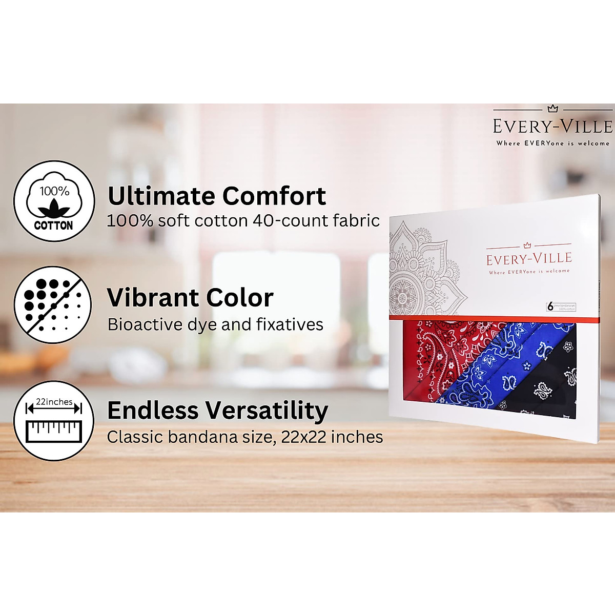 6 Pack Classic Cotton Bandanas in a Gift Box - 22x22in, Paisley, Red/Black/Blue - Western Cowboy Head Bandanna Scarf in Bulk