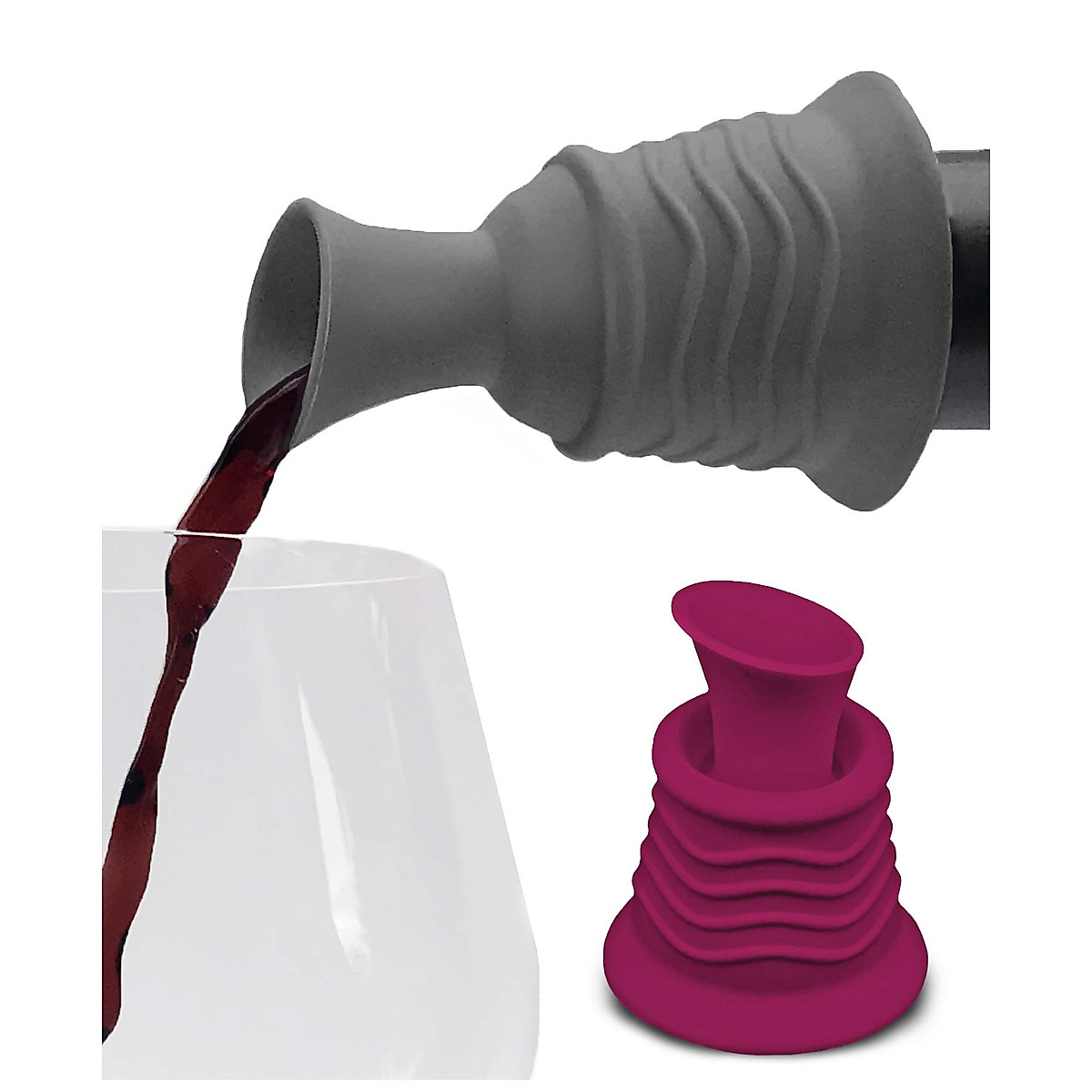 Wine Stopper and Pourer 2 Pack – Pink and Gray Silicone Wine Accessories to Serve Wine More Easily by Simply Charmed