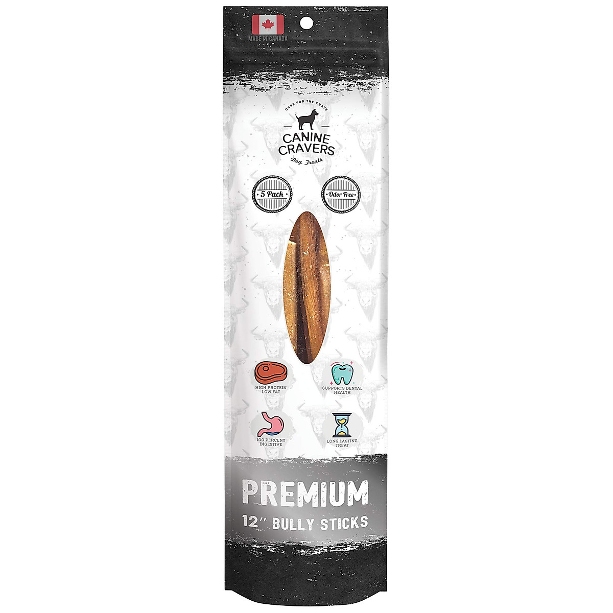 Canine Cravers Maplewood Smoked Bully Sticks 12” Inch - 100% Natural Free Range Grass Fed Beef - Made in Canada Odor-Reduced Long Lasting, Rawhide Free Dog Chews High Protein Low Fat Dental Care