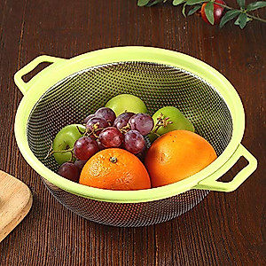 Stainless Steel Colander With Handle and Legs, Large Metal Green Strainer for Pasta, Spaghetti, Berry, Veggies, Fruits, Noodles, Salads, 5-quart 10.5” Kitchen Food Mesh Colander, Dishwasher Safe
