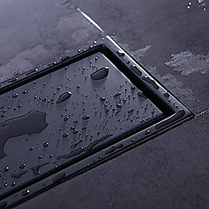 Orhemus 304 Stainless Steel Linear Shower Floor Drain with Tile Insert Grate Removable Cover 12 inch Long Rectangle, Matte Black Plated Finish