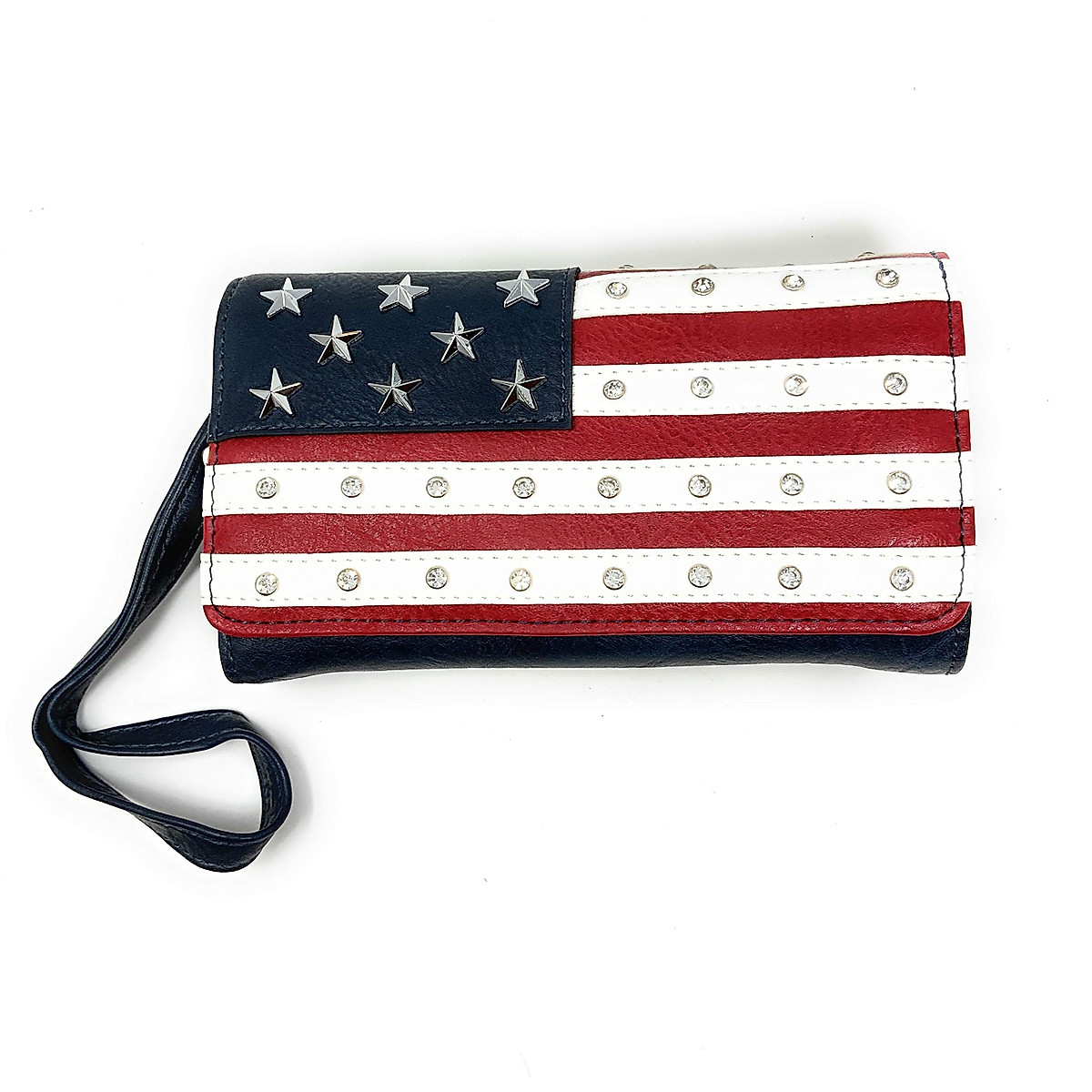 Texas West American Flag Rhinestone Women's Concealed Handbags Purse Wallet Set in Multi-Color (Crossbody Wallet Only- American Flag)