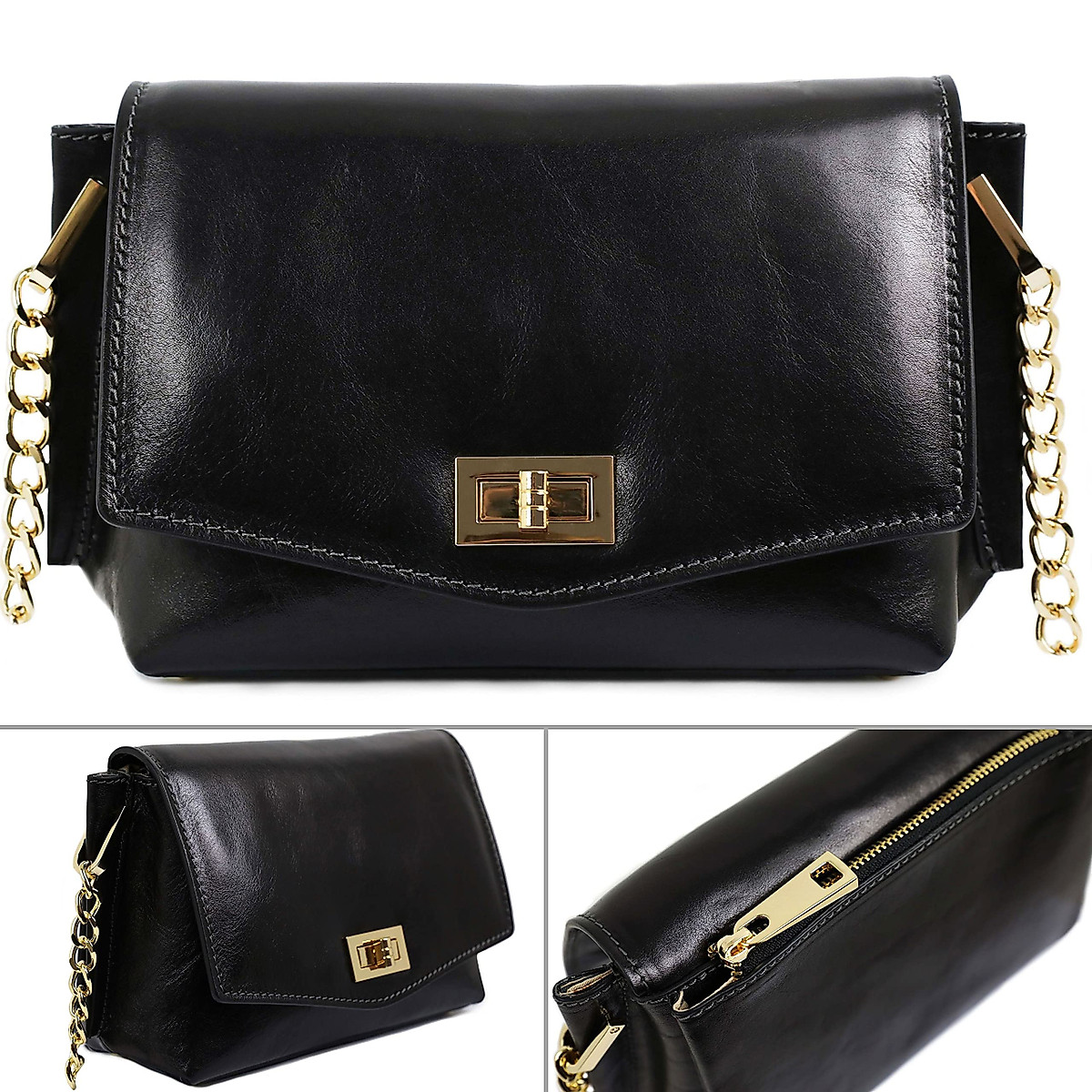 Time Resistance Leather Crossbody Bag for Women - Full Grain Leather Shoulder Bag - Stylish Messenger Bag Purse (Black)