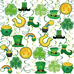 St Patricks Day Decorations Hanging Swirls Shamrock Clover Leprechaun Horseshoe Ceiling Foil Swirls for Lucky Day Party Supplies 36Pcs