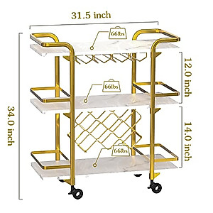 Jubao Gold Bar Cart with 3 Tiers for Stylish Storage, Home Bar Serving Cart with 4 Rows of Glass Holders & 8 Wine Racks, Modern Marbled Solid Wood Cart on Lockable Wheels, Coffee Bar Cart for Kitchen