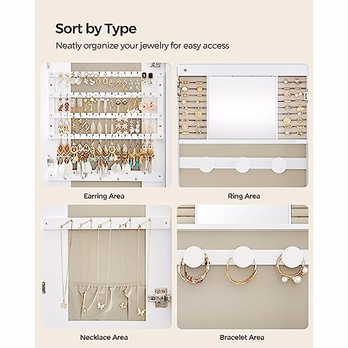 SONGMICS Jewelry Organizer, LED Jewelry Cabinet Wall/Door Mounted, Lockable Rounded Wide Mirror with Storage, Interior Mirror, 3.9 x 16.5 x 42.5 Inches, White Surface with Greige Lining UJJC026W01