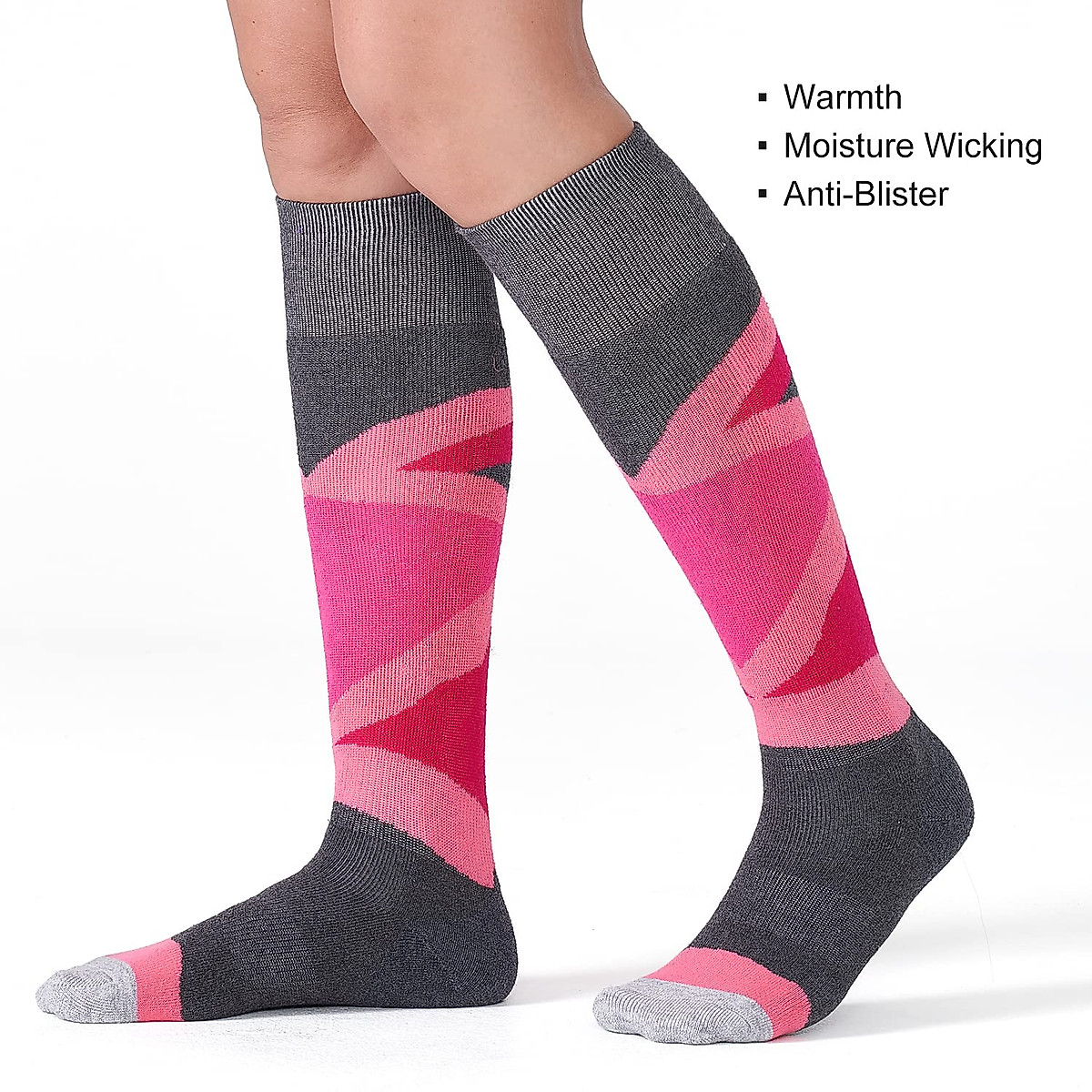 CS CELERSPORT 2 Pack Merino Wool Women's Ski Socks with Full Cushion, Winter Warm Thermal Socks for Skiing Snowboarding, Dark Grey + Rose, Medium