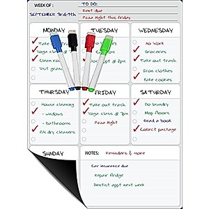 Smart organizer & Weekly Planner White Board Organizer for your Refrigerator or Office 15" x 11.75" Inches ● with 4 Magnetic Color Dry Erase Markers! & Cloth Eraser