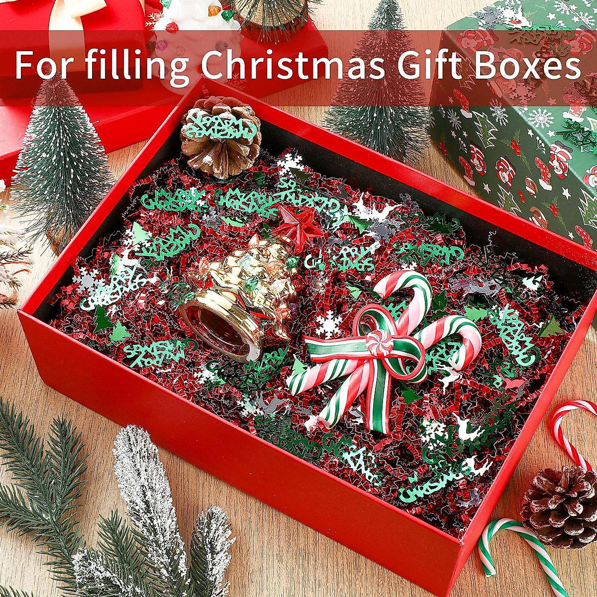 Knitgrip 2lb Christmas Basket Stuffers Metallic Red Green Crinkle Cut Paper Shred Filler Christmas Crinkle Paper Merry Christmas Tree Snowflake Elk Confetti Christmas Packaging Raffia Stuffers