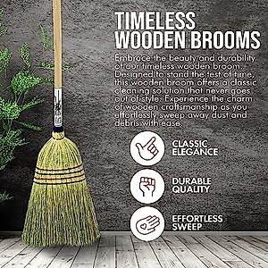 Peaceful Classics Wooden Broom - Handmade Amish Corn Broom with Hard Wood Handle, Heavy Duty Indoor Broom/Outdoor Broom for Any Floor with Straw Broom Sweeper Brushes, Wood Broom for Sweeping, Yellow
