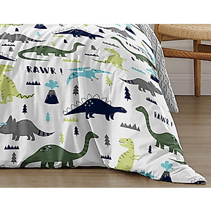 Sweet Jojo Designs Navy Blue and Green Modern Dinosaur Boys or Girls 3 Piece Full/Queen Bedding Childrens Teen Mod Dino Set