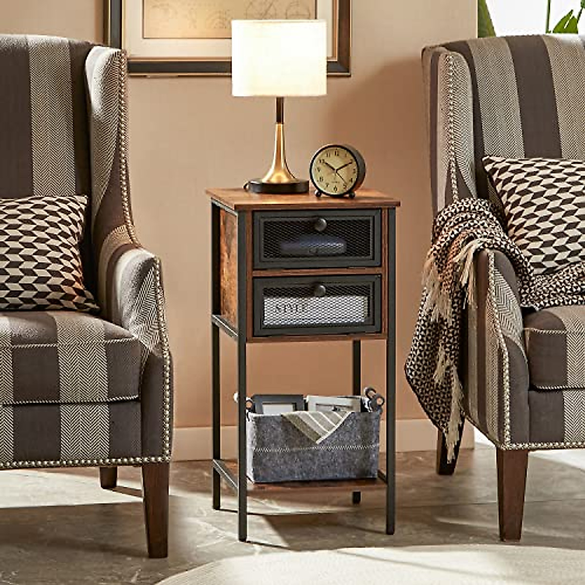 VECELO Tall End Side Table, 27.3''Nightstands Storage Shelf, 2 Set Sturdy Steel Frame for Bedroom, Living Room, Industrial Design,Rustic Brown, 2 Drawers