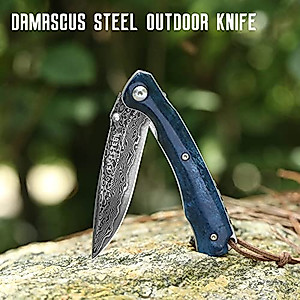 FXFSTEEL Damascus Pocket Knife, Handmade VG10 Damascus Steel Folding Knives with Liner Lock, Beef Bone Handle and Glass Breaker, EDC Damascus Knife for Men Women -Blue