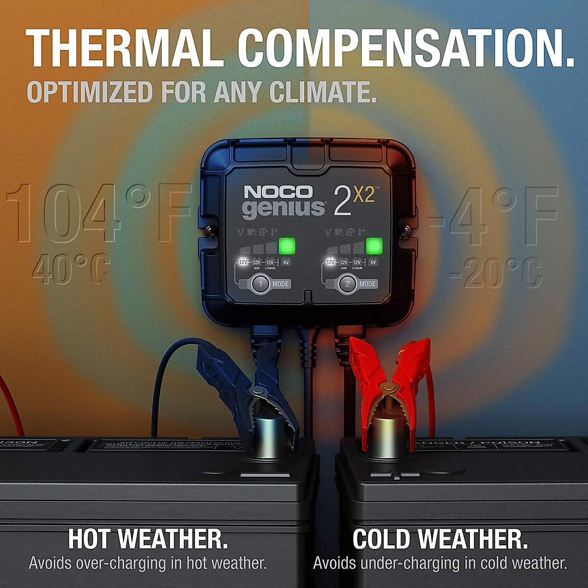 NOCO GENIUS2X2, 2-Bank, 4A (2A/Bank) Smart Car Battery Charger, 6V/12V Automotive Charger, Battery Maintainer, Trickle Charger, Float Charger and Desulfator for Motorcycle, ATV and Lithium Batteries