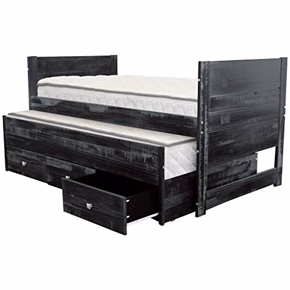 Bedz King All in One Twin Bed with Twin Trundle and 3 Built in Drawers, Weathered Black