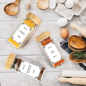 VIVAIVE Spice Jars with Labels,24 Pcs 4oz Glass Spice Jars with Bamboo Lid and 648 Waterproof Printed Labels,2 Salt and Pepper Grinder Set,Empty Spice Containers Bottles for Pantry,Cabinet,Drawer